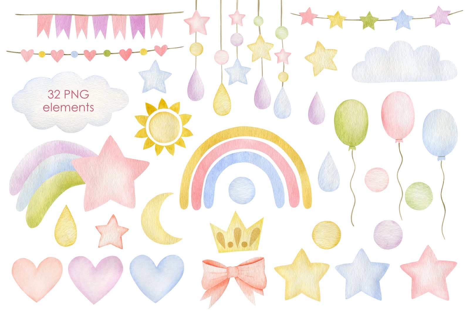 Watercolor Unicorns Clipart, Rainbow Unicorns, Instant Download, Hearts ...