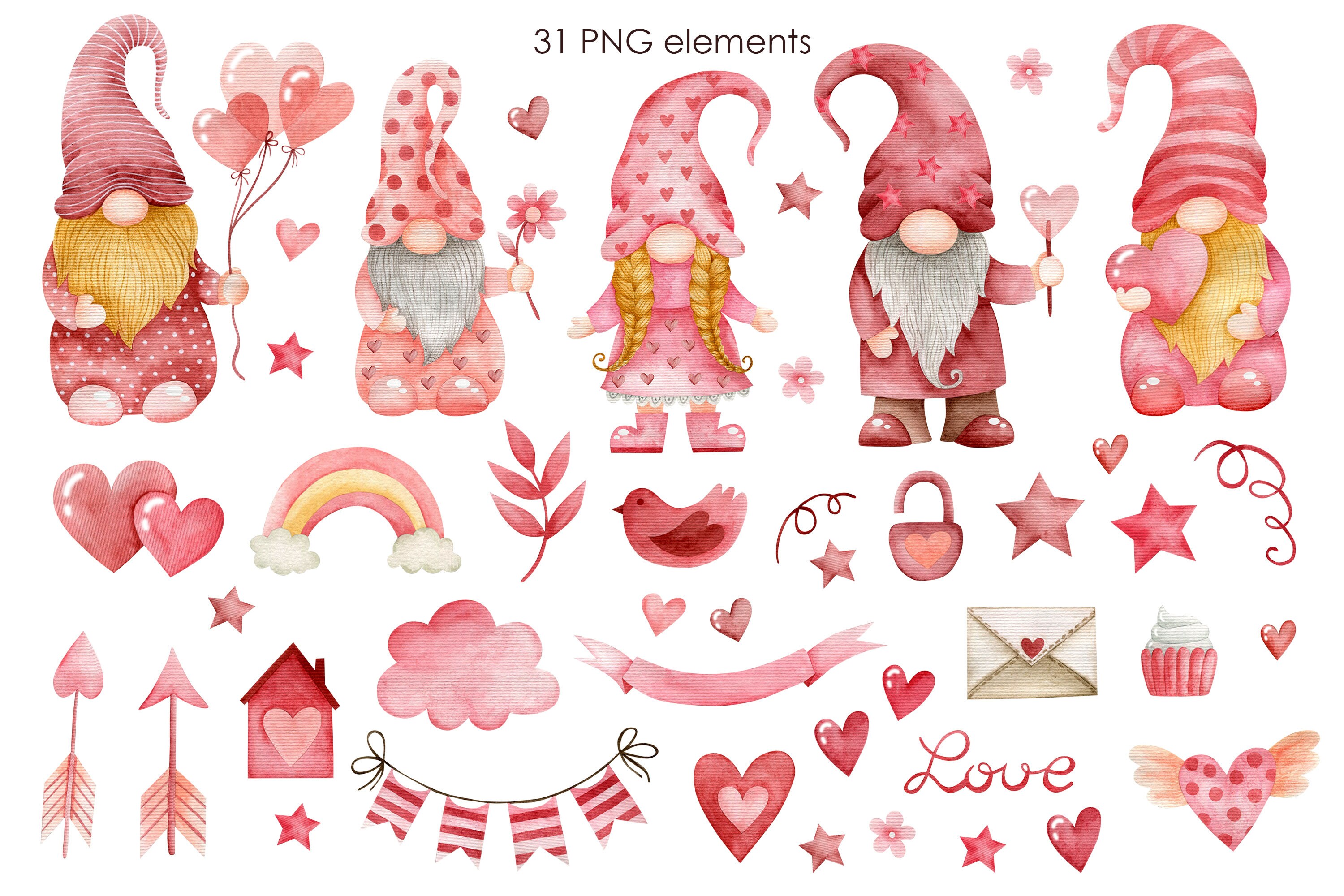 Watercolor Valentine Gnomes Clipart, Nordic Gnomes, Valentine Png ...