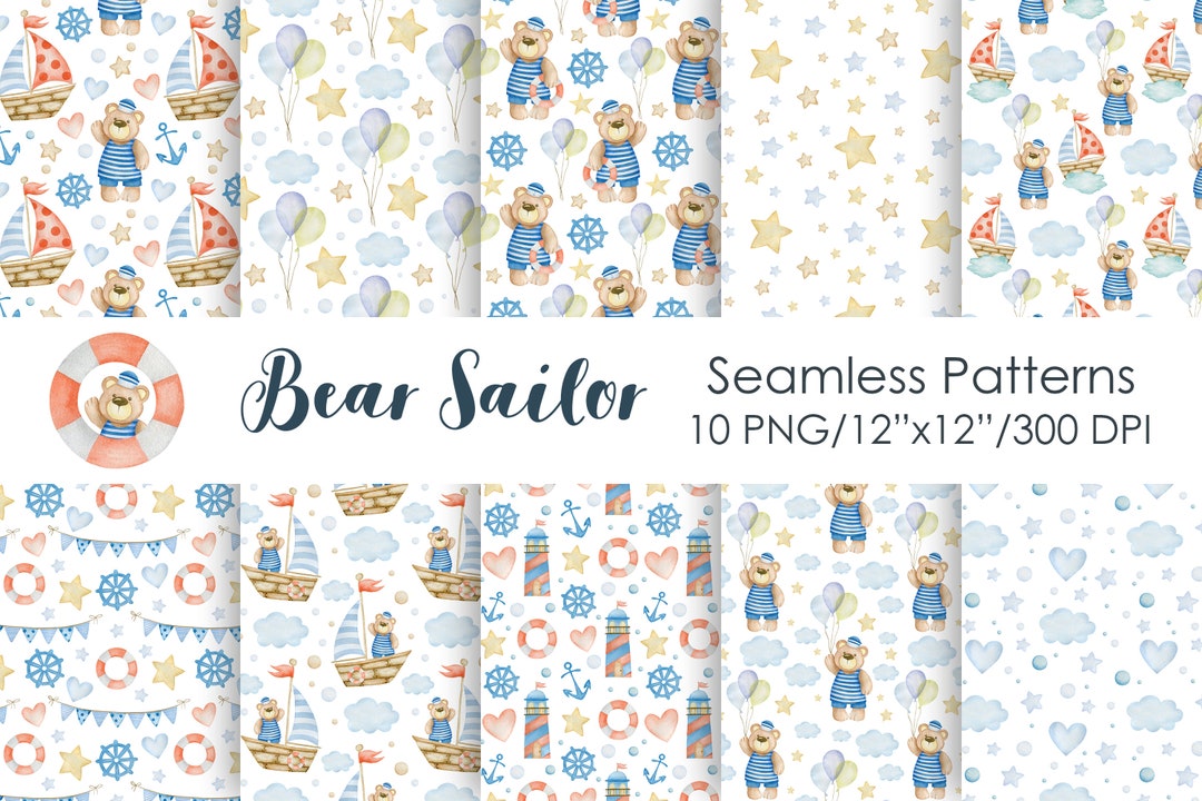 Watercolor Bear Sailor Seamless Patterns: Nautical Baby Art (digital ...