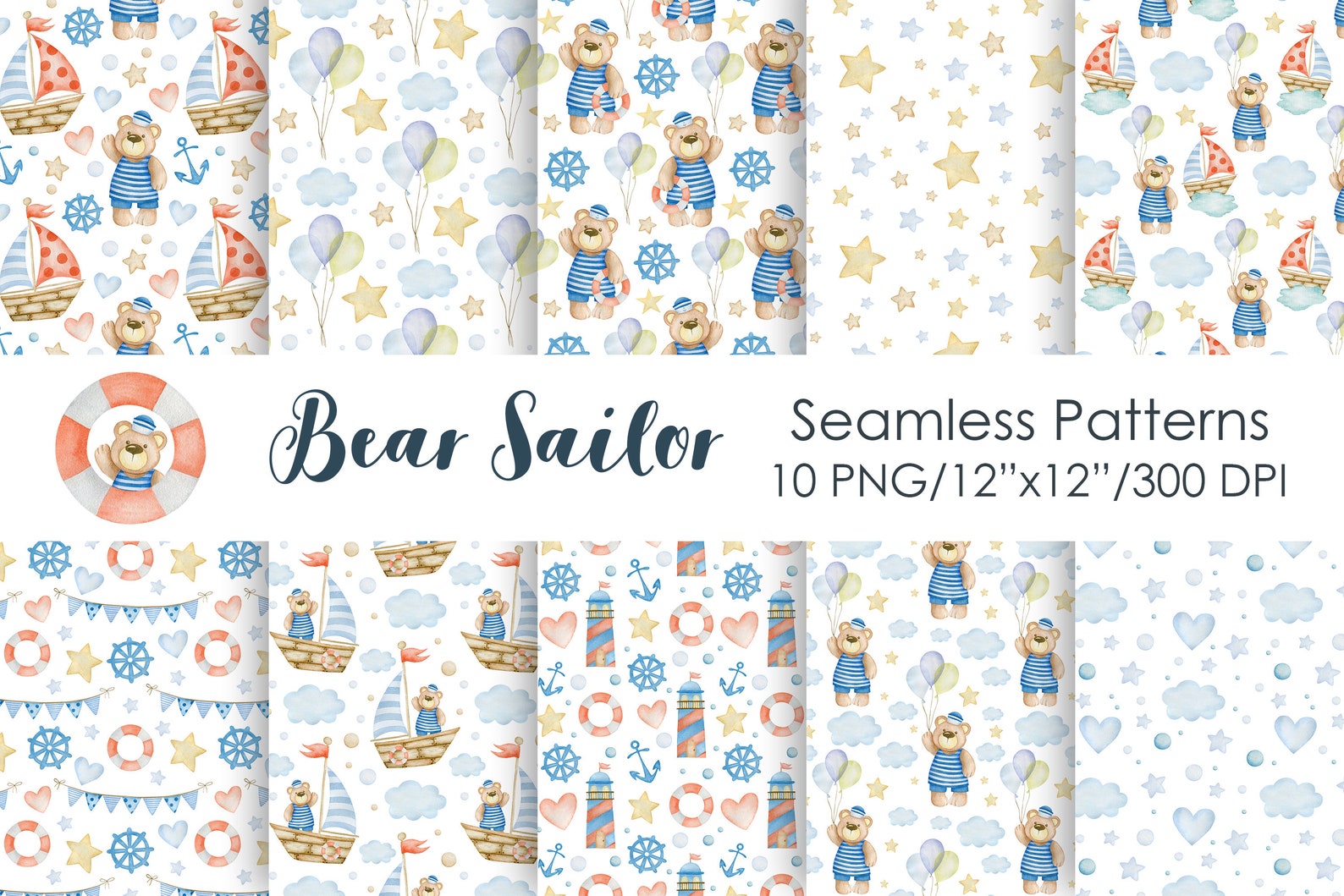 Watercolor Bear Sailor Seamless Patterns: Nautical Baby Art (digital ...