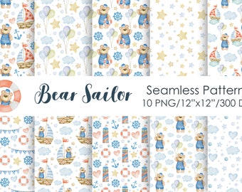 Watercolor Bear Sailor Seamless Patterns: Nautical Baby Art (digital ...
