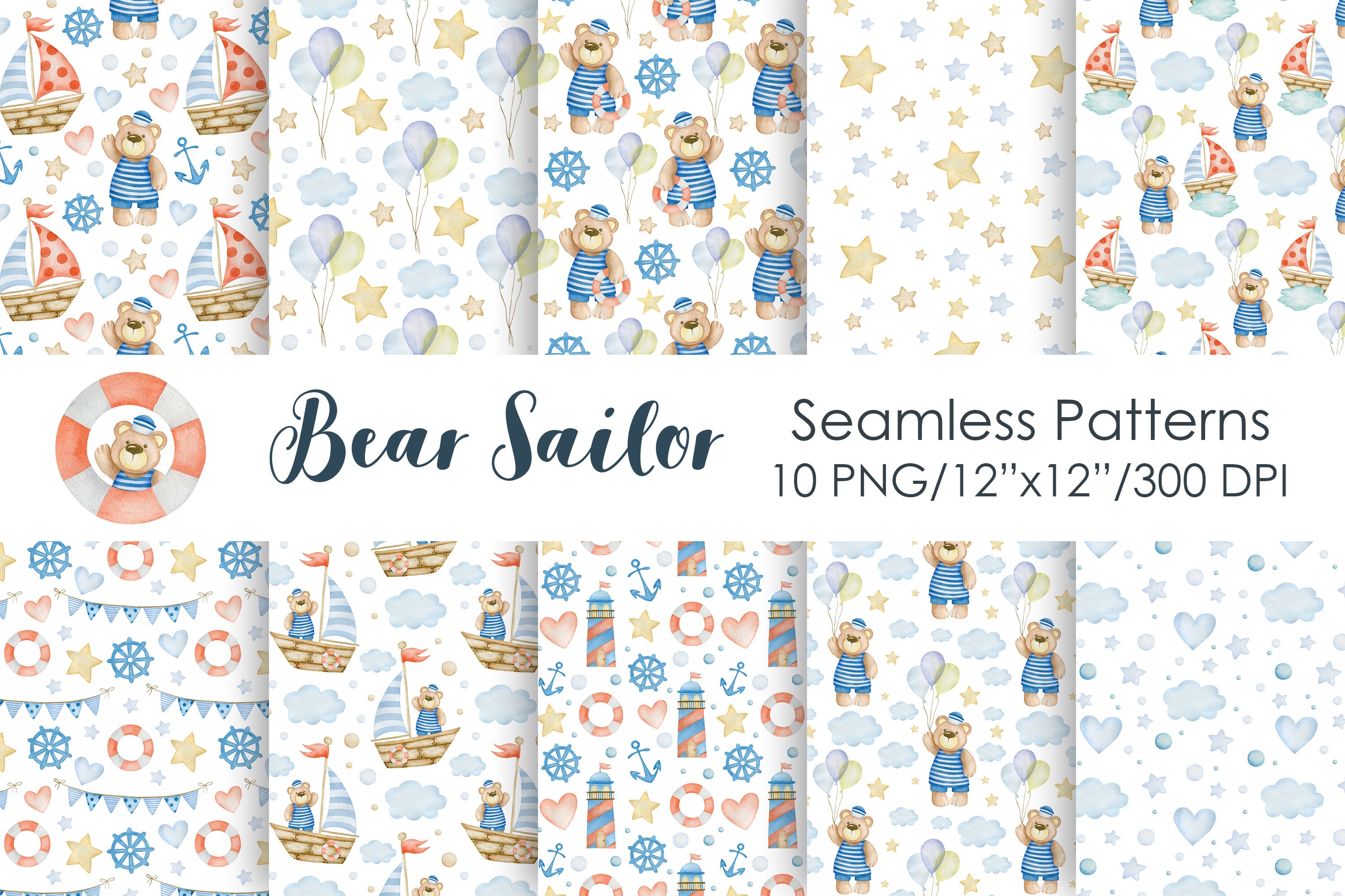 Watercolor Bear Sailor Seamless Patterns, Cute Bear Nautical,digital ...