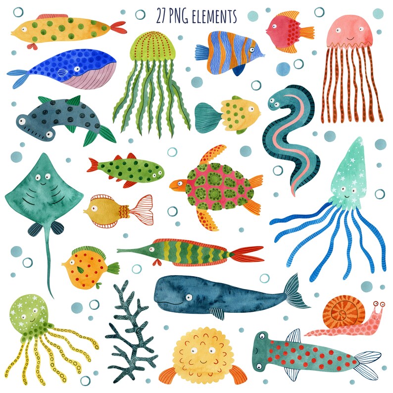 Watercolor Under Sea Clipart, Fish Clipart, Ocean Clipart, Sea Animals ...