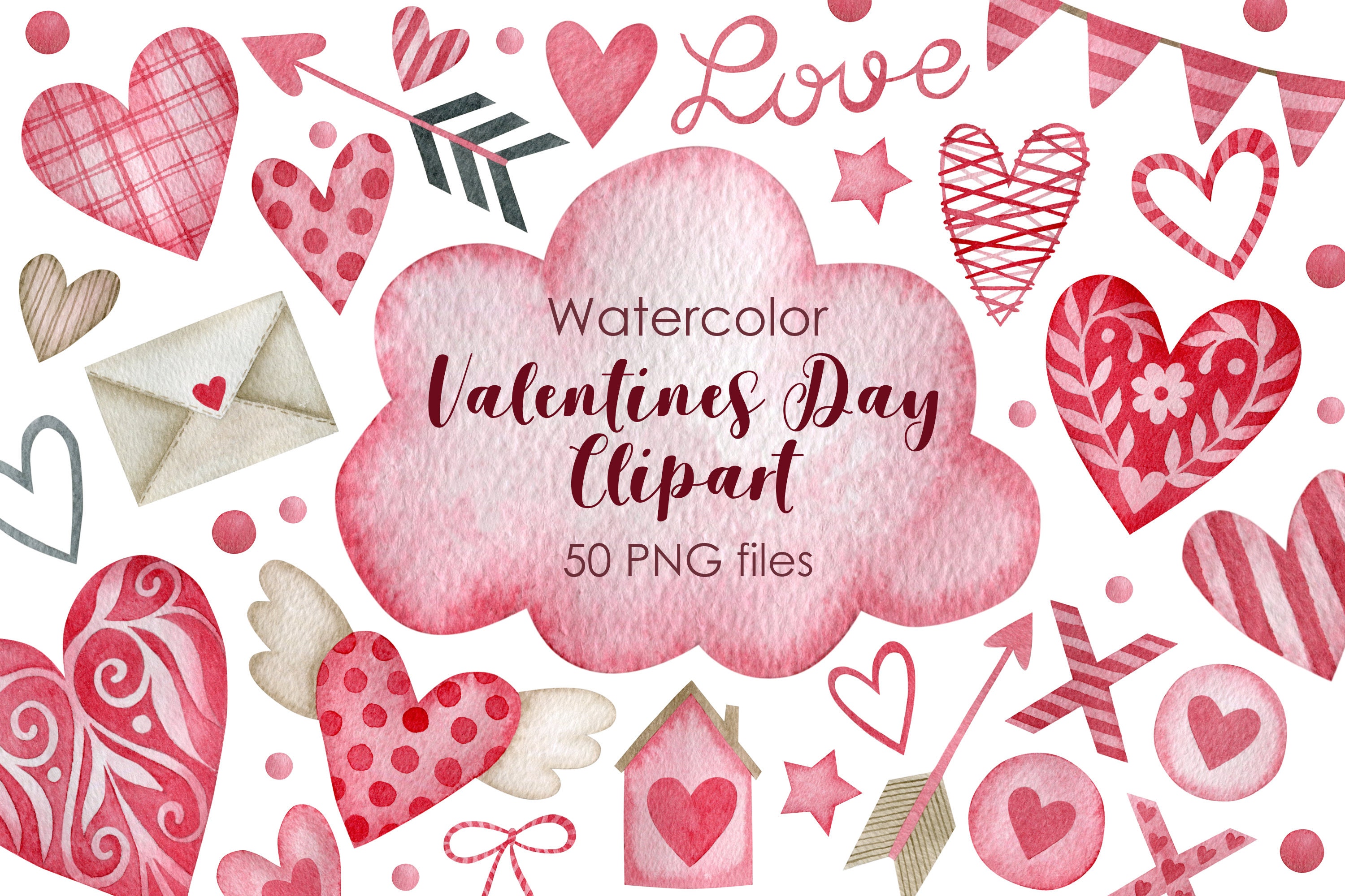 Watercolor Valentines Day Clipart Cute Love Clipart Hand | Etsy