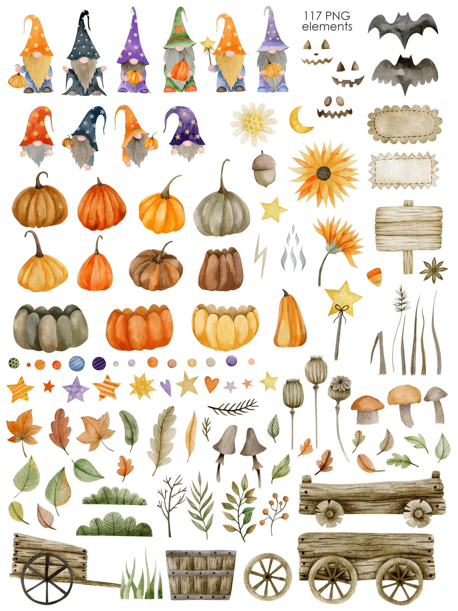 Watercolor Halloween Gnomes Clipart: Pumpkin Autumn PNG (digital ...
