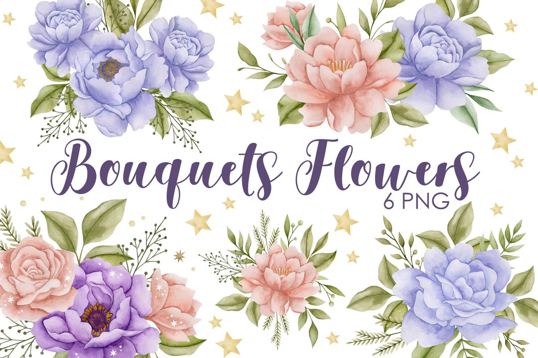 Watercolor Rose Bouquet Clipart, Purple Rose Clip Art, Floral Bouquet ...