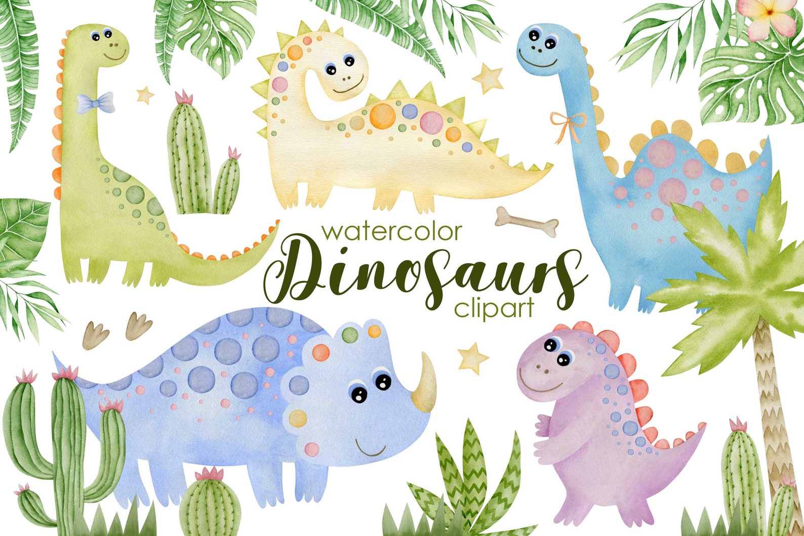 Watercolor Dinosaurs Clipart, Dinosaur Species Download, Instant ...