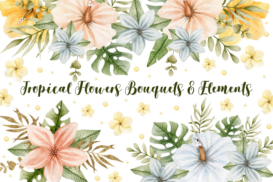 Watercolor Tropical Flowers Bouquets Clipart, Hawaii Clipart, Palm ...