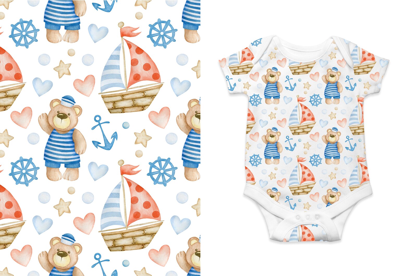 Watercolor Bear Sailor Seamless Patterns, Cute Bear Nautical,digital ...