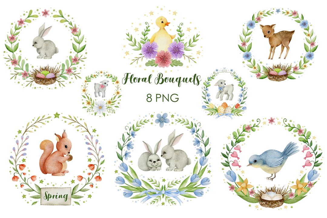 Watercolor Wreath With Animals and Flowers PNG, Download Farm Animal in ...