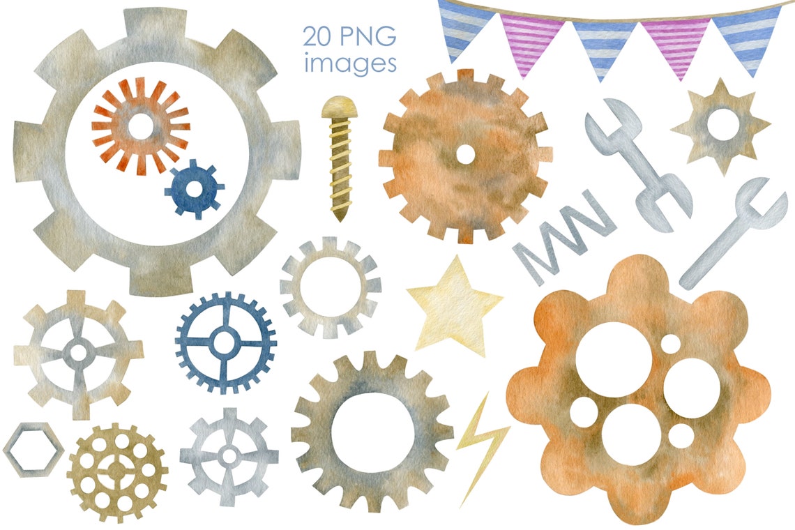 Watercolor Robot Clipart: Vintage Style PNG Graphics (digital Download ...