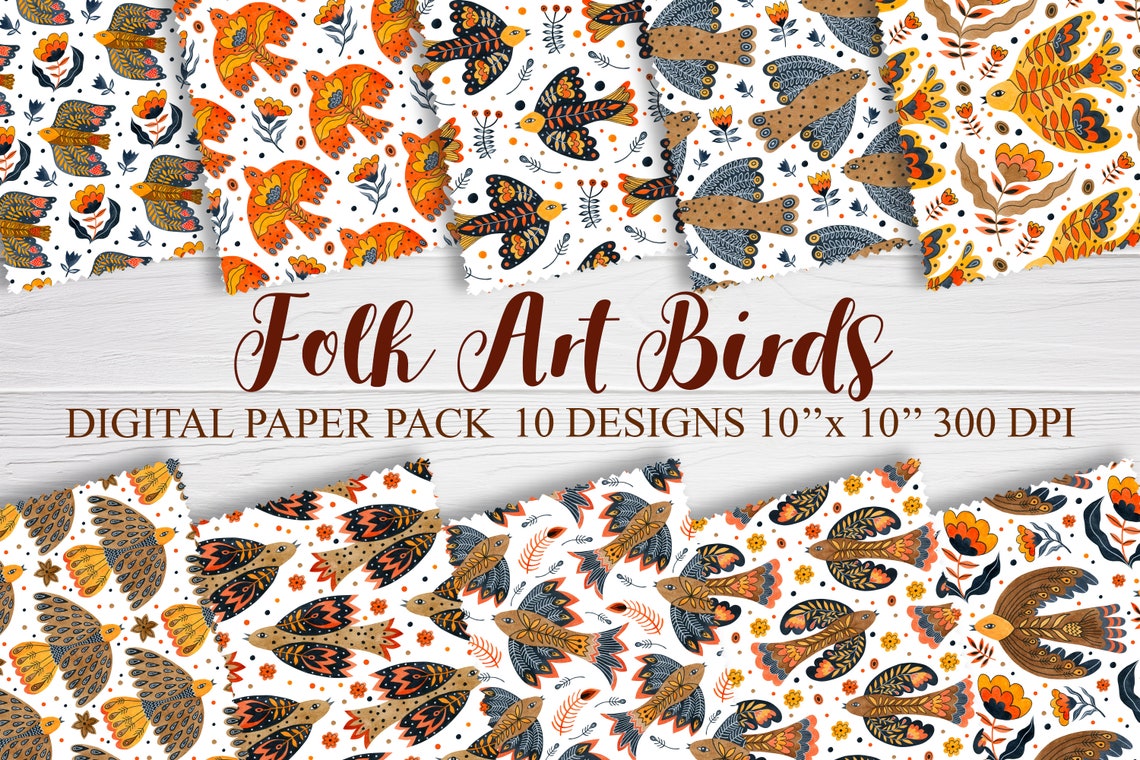 Watercolor Folk Art Birds Digital Paper Pack Folk Art Birds - Etsy