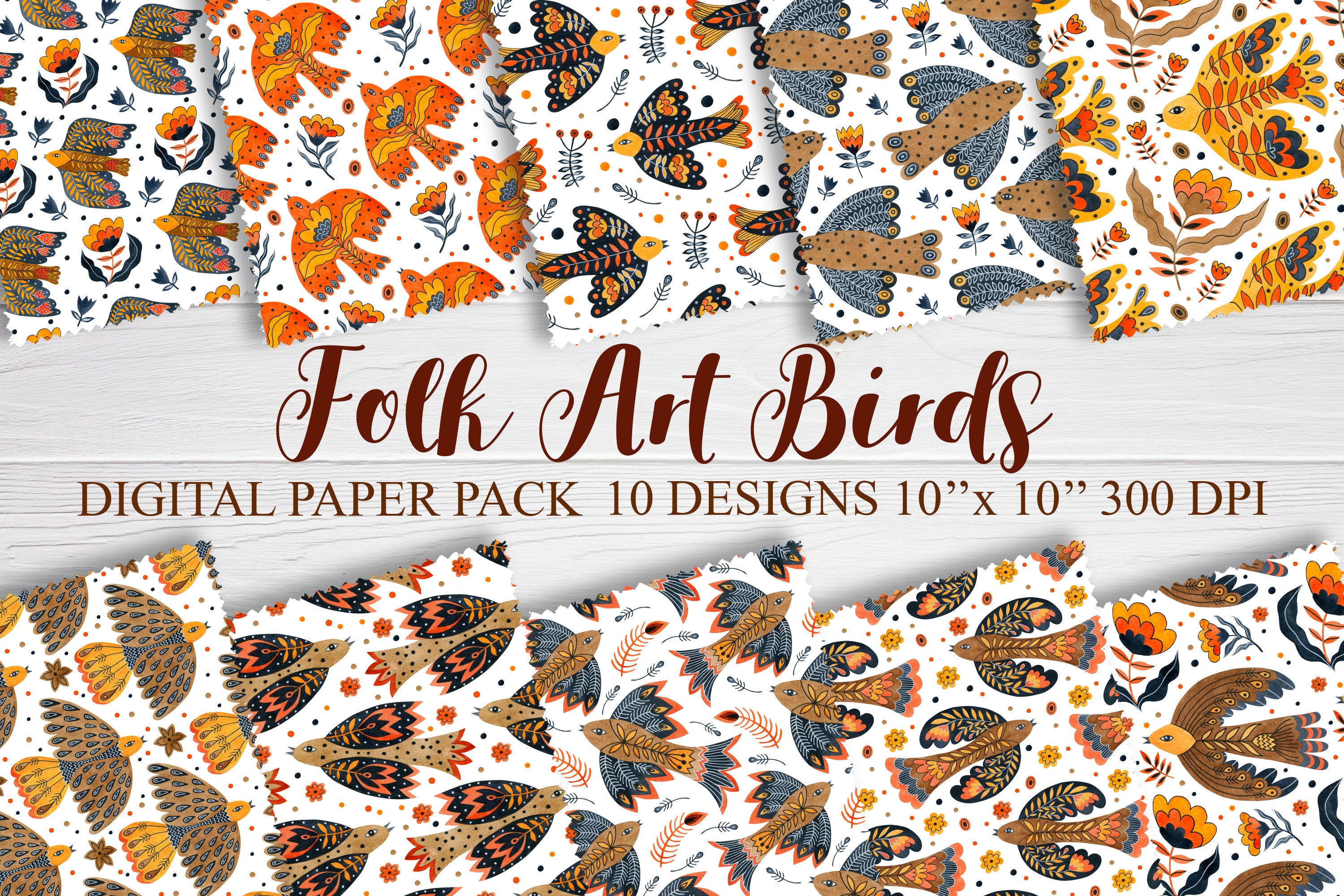 Watercolor Folk Art Birds, Digital Paper Pack Folk Art Birds, Seamless ...