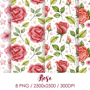 Watercolor Pink Roses Seamless Patterns: Boho Floral Paper (digital ...