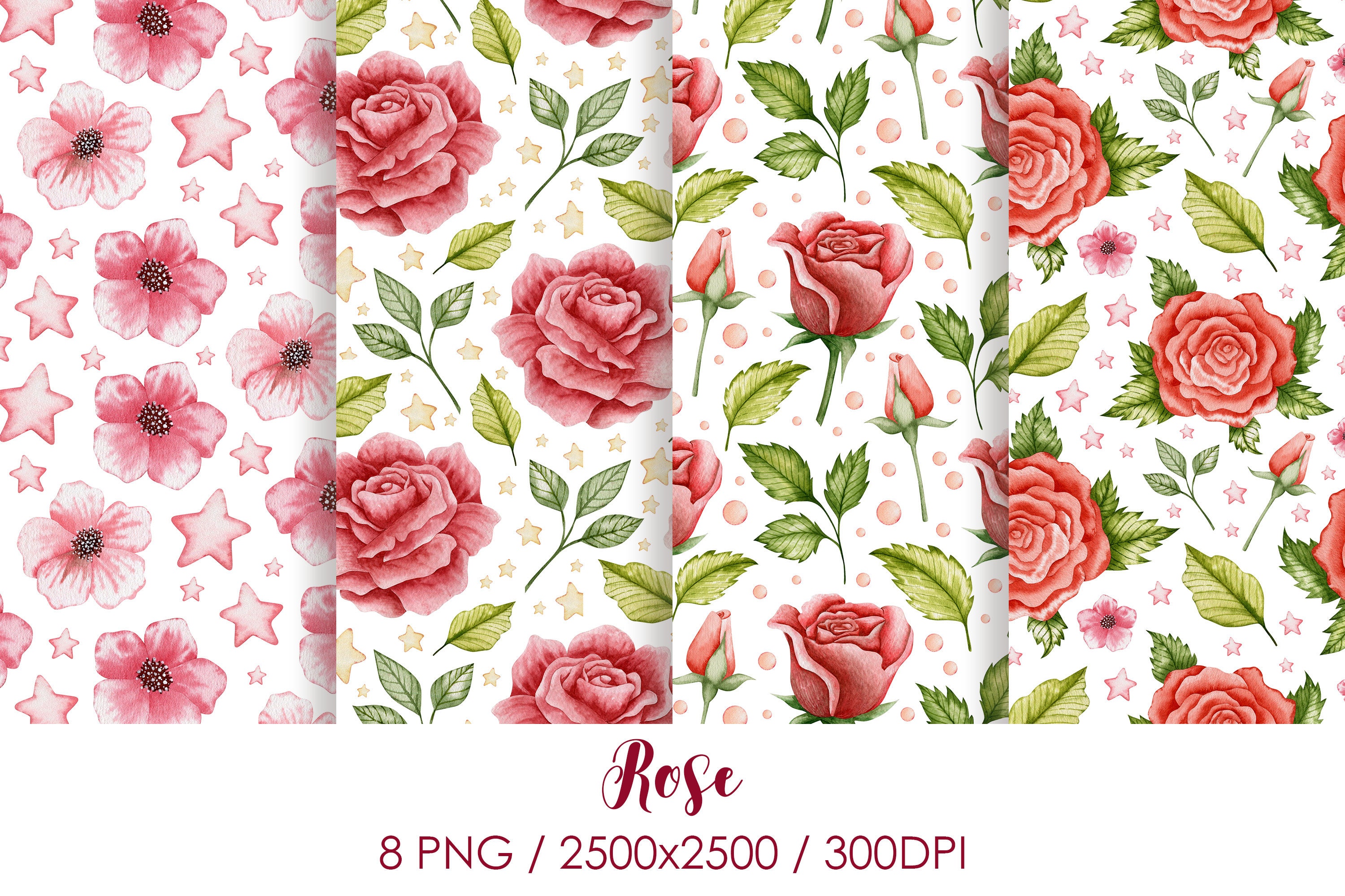 Watercolor Pink Roses Seamless Patterns: Boho Floral Paper (digital ...