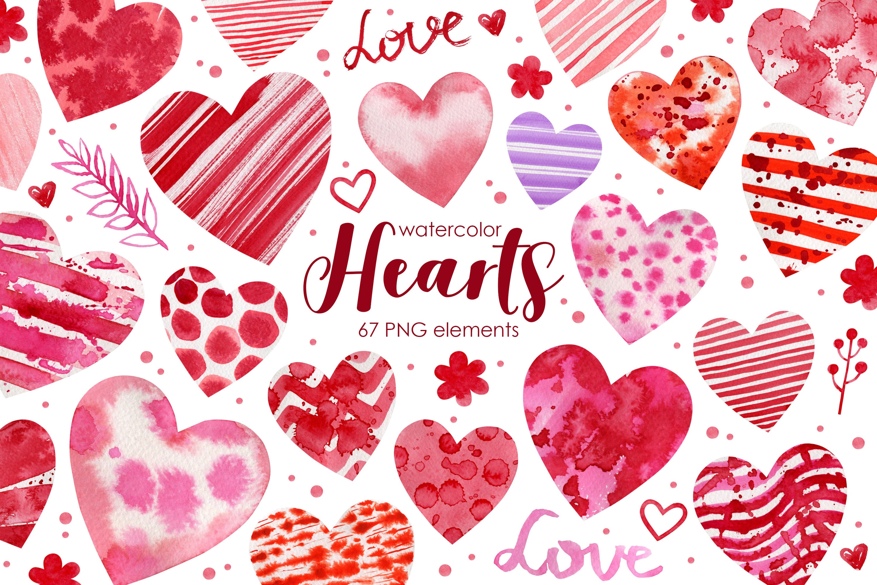 Watercolor Hearts Clipart, Shapes, Pink Heart, Love Heart Png ...