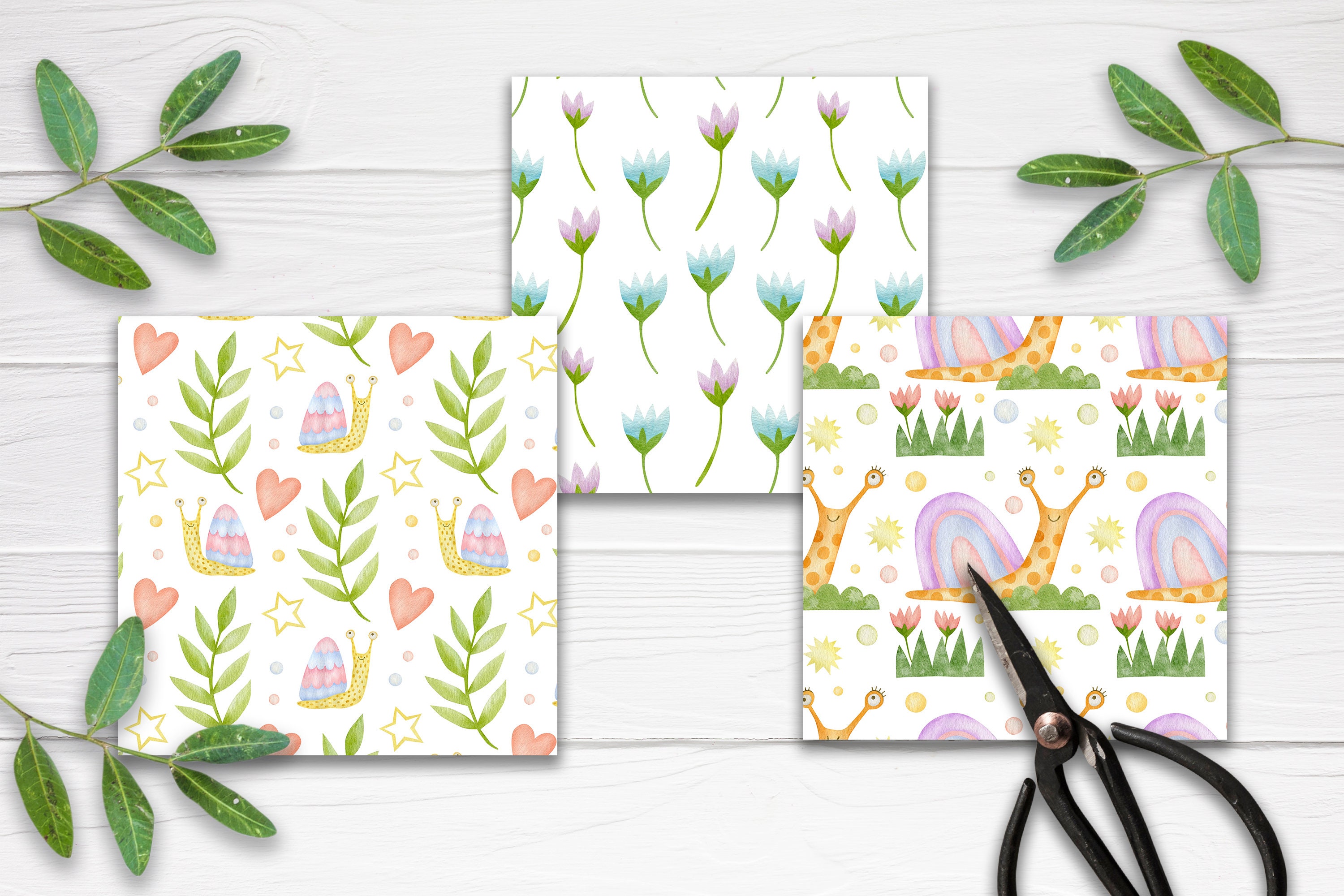 Watercolor Snail Digital Paper Pack, Scrapbook Paper, Seamless Patterns ...