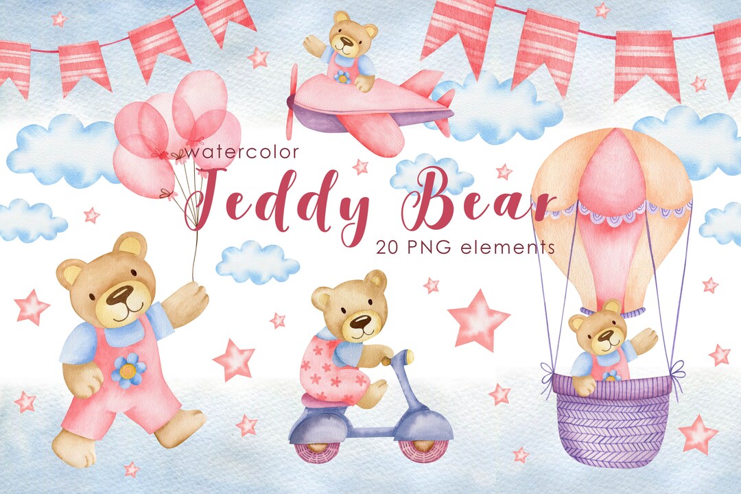 Watercolor Teddy Bear Pink Clipart, Cute Baby Bear, Balloons, Teddy ...