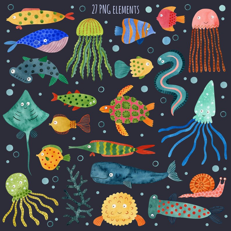 Watercolor Under Sea Clipart, Fish Clipart, Ocean Clipart, Sea Animals ...