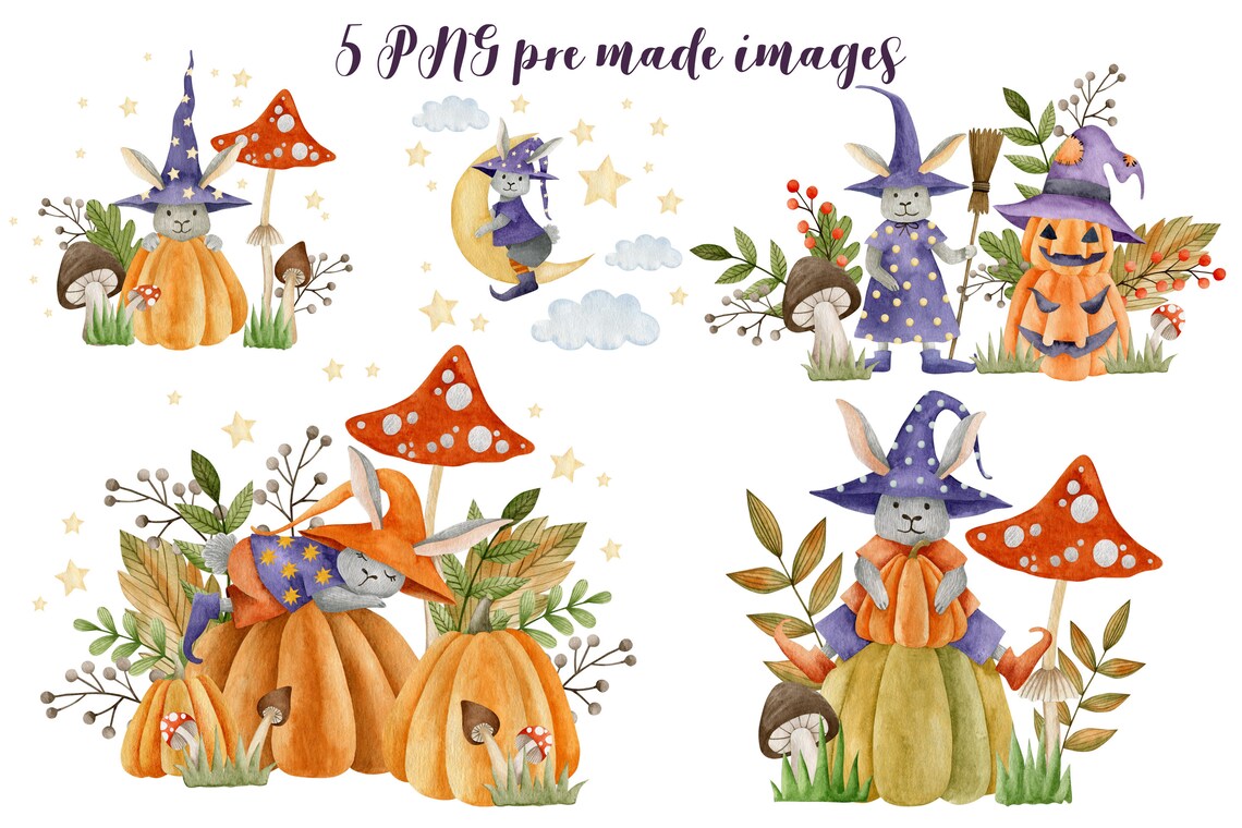 Watercolor Halloween Clipart Cute Bunnies Clipart Halloween - Etsy