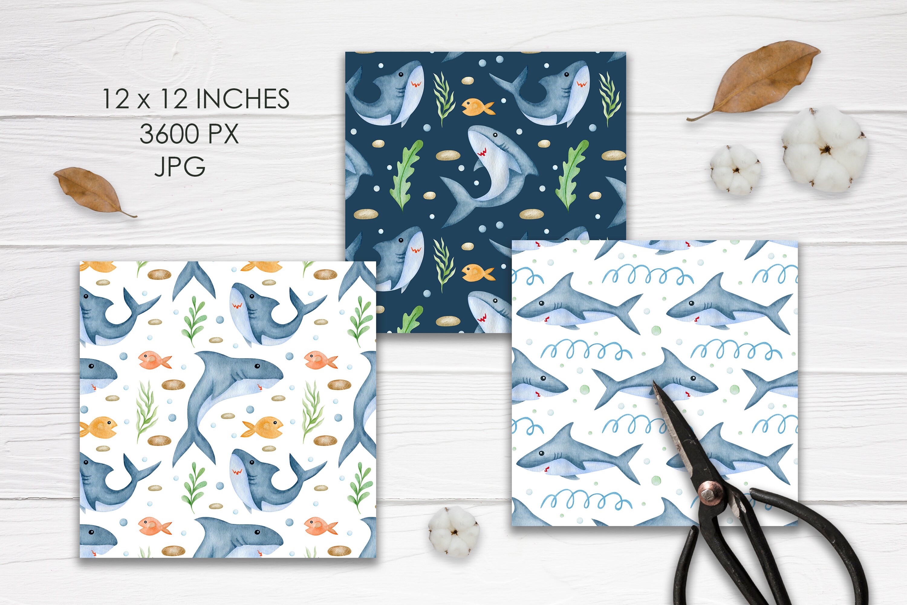 Watercolor Shark Digital Paper Pack Sea Animals Download | Etsy