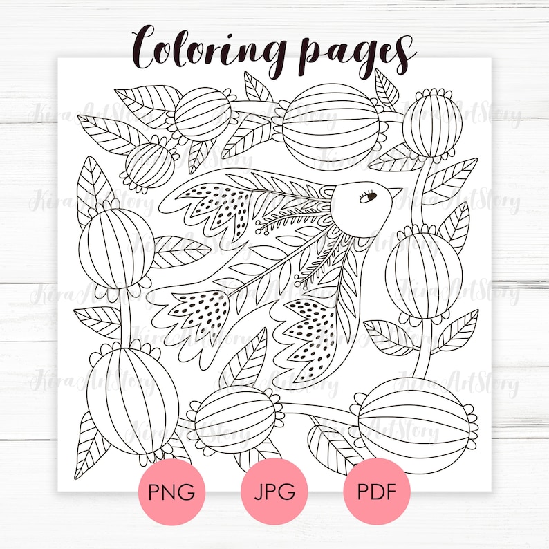 Folk Art Bird Coloring Page: Scandinavian Modern Design (PDF, JPG, PNG ...