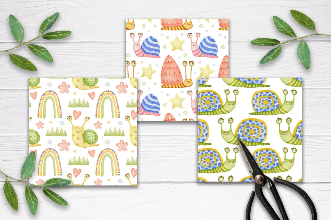 Watercolor Snail Digital Paper Pack Scrapbook Paper Seamless | Etsy
