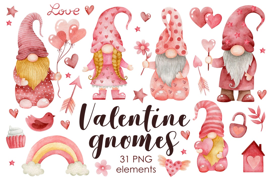 Watercolor Valentine Gnomes Clipart, Nordic Gnomes, Valentine Png ...