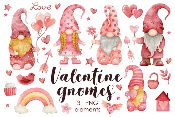 Watercolor Valentine Gnomes Clipart Nordic Gnomes Valentine | Etsy