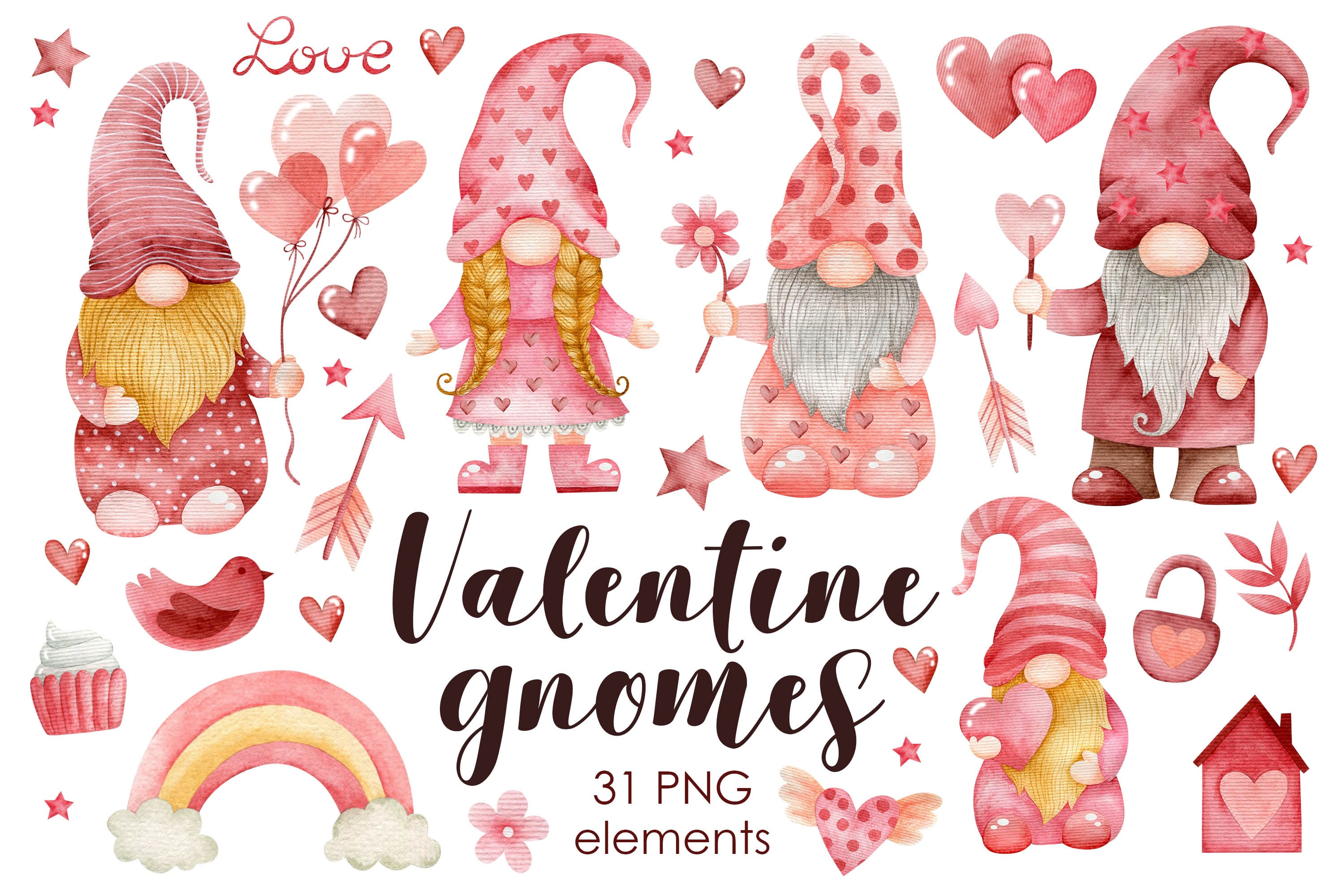 Watercolor Valentine Gnomes Clipart, Nordic Gnomes, Valentine Png ...