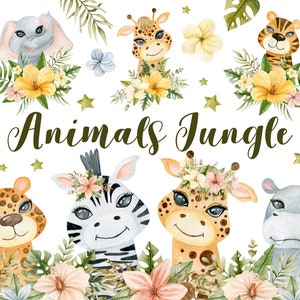 Watercolor Jungle Animals Clipart: Safari Nursery (PNG Digital Download ...
