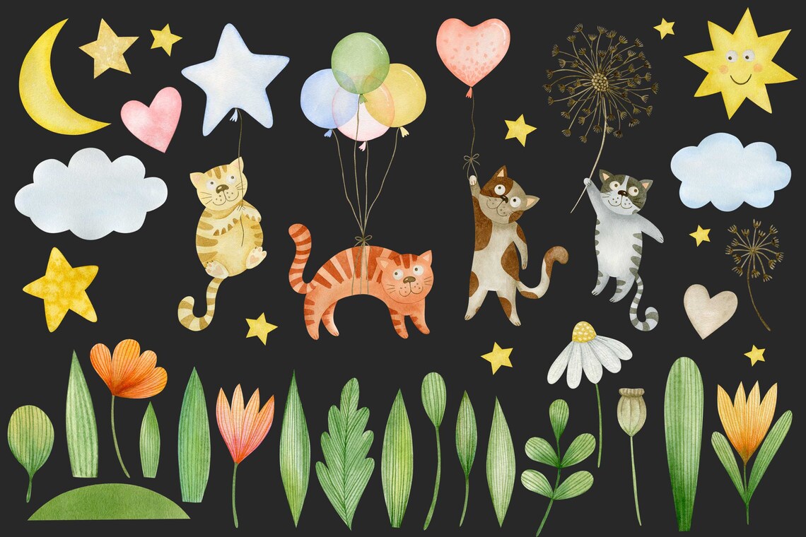 Watercolor Cats Balloons Clipart Kids Party Kitty Baby Air - Etsy