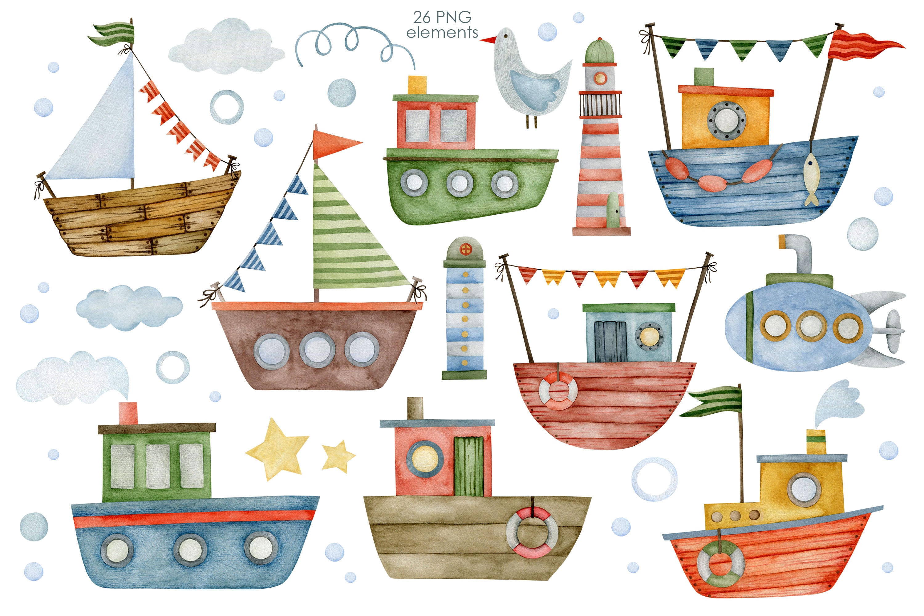 Watercolor Nautical Clipart, Boys, Lighthouse, Baby Shower Invitation ...