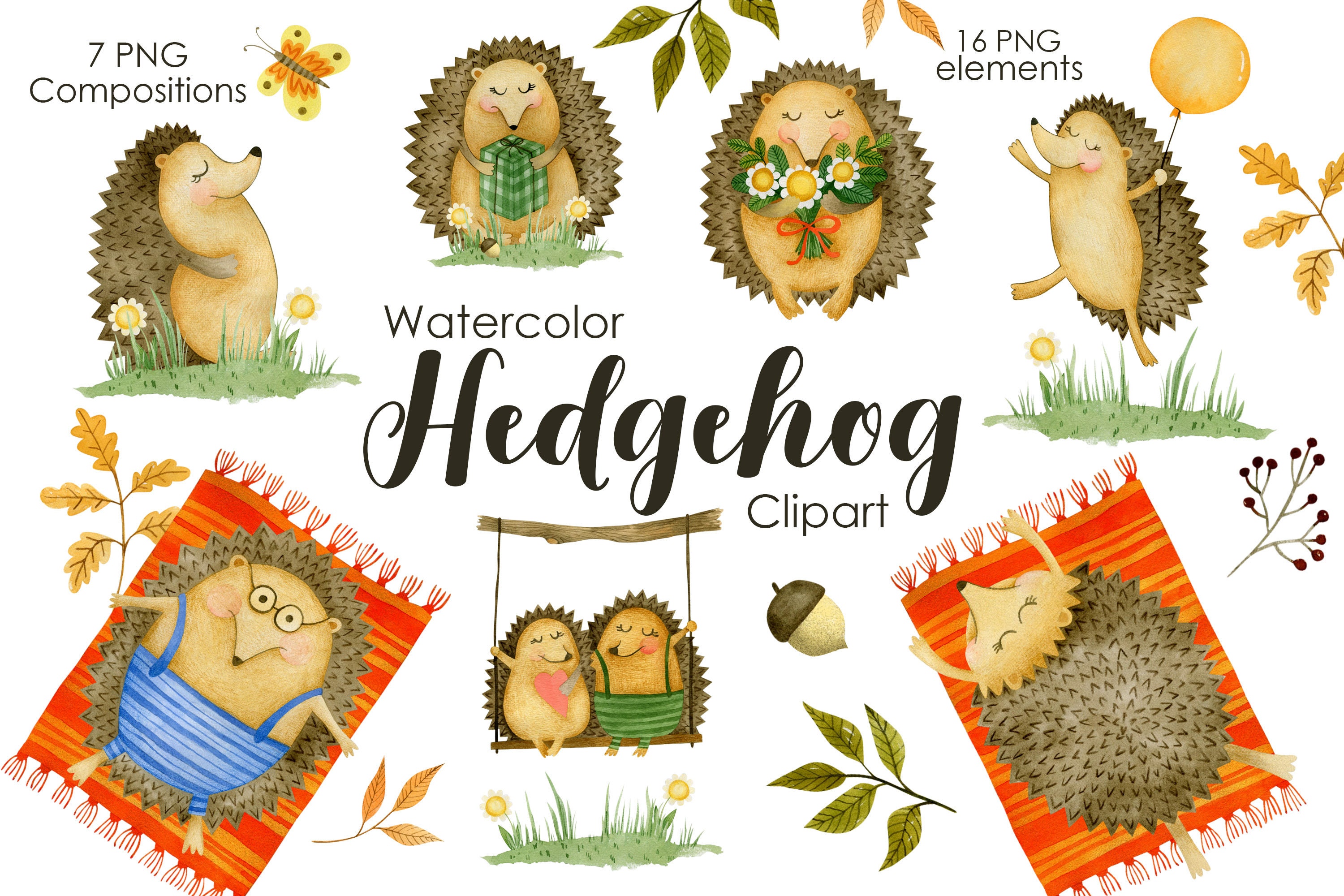 Watercolor Hedgehogs Clipart, Woodland Animal Clipart, Baby Forest ...