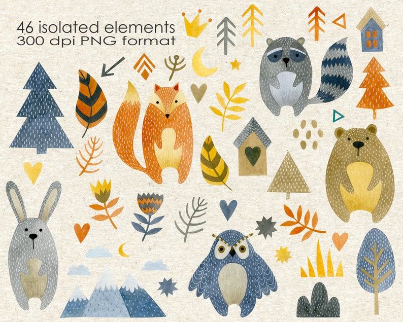 Watercolor forest friends graphic collection. Forest friends | Etsy