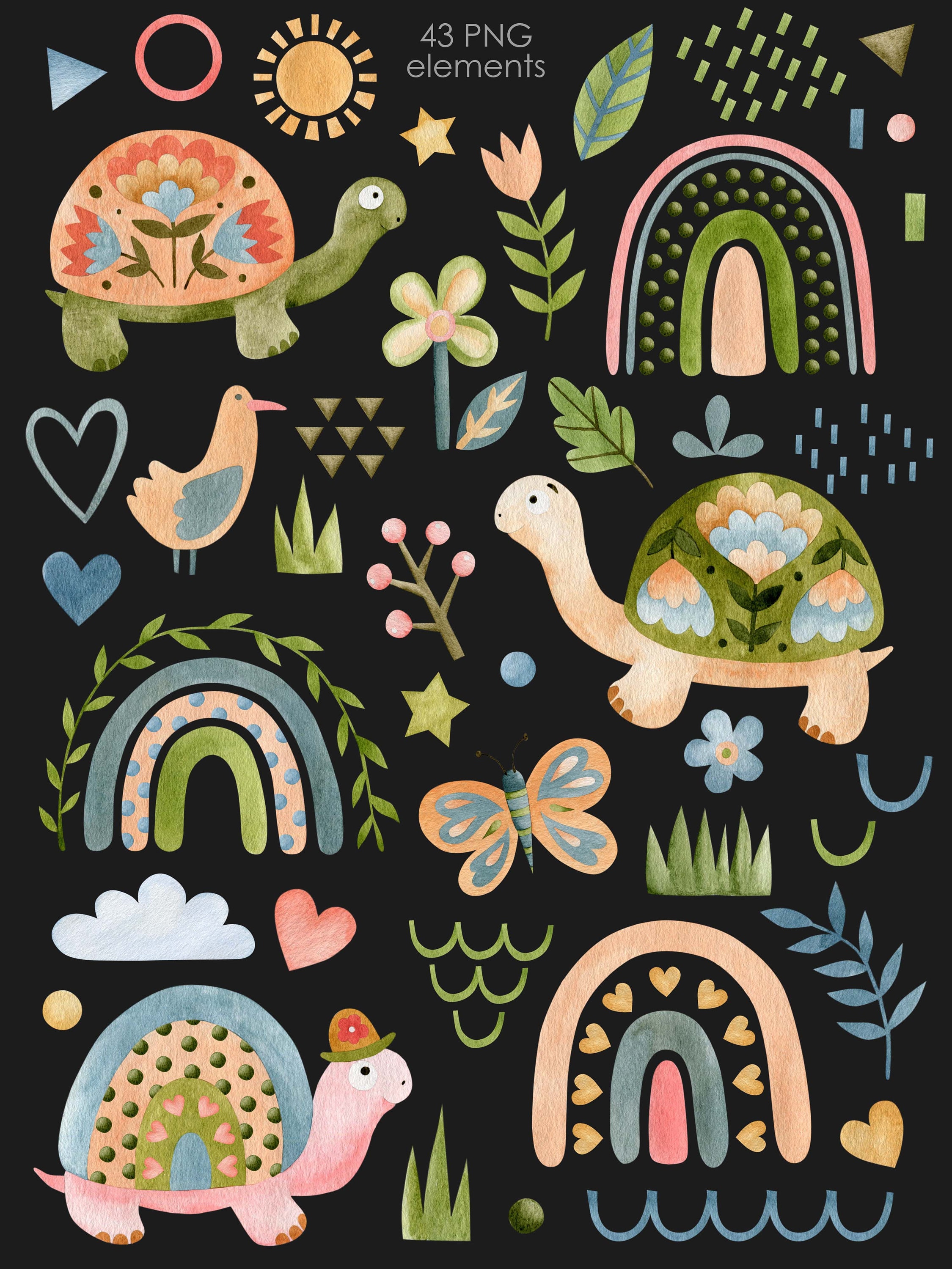 Cute Watercolor Turtle & Rainbow Clipart, Sea Clipart, Underwater ...