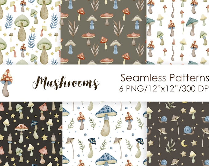 Watercolor Mushroom Seamless Pattern: Autumn Forest Digital Paper (PNG ...