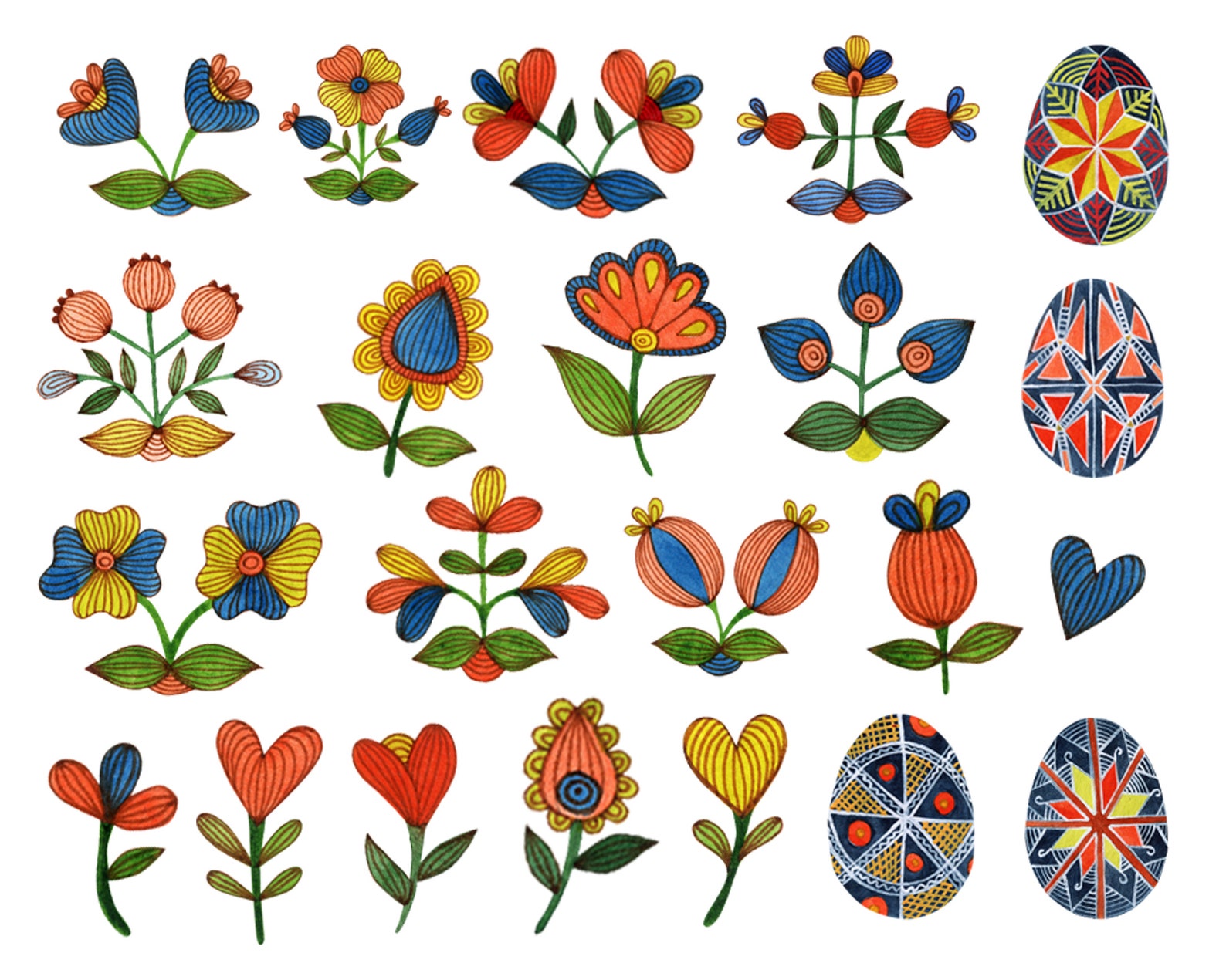 Watercolor Folk Art Floral Clipart: Seamless Pattern & Frames (digital ...