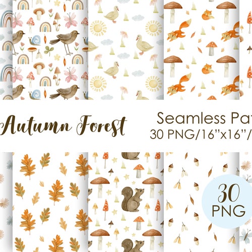 Watercolor Mushroom Seamless Pattern Autumn Forest Digital - Etsy