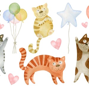 Watercolor Cats Balloons Clipart, Kids Party Kitty, Baby, Air Balloons ...