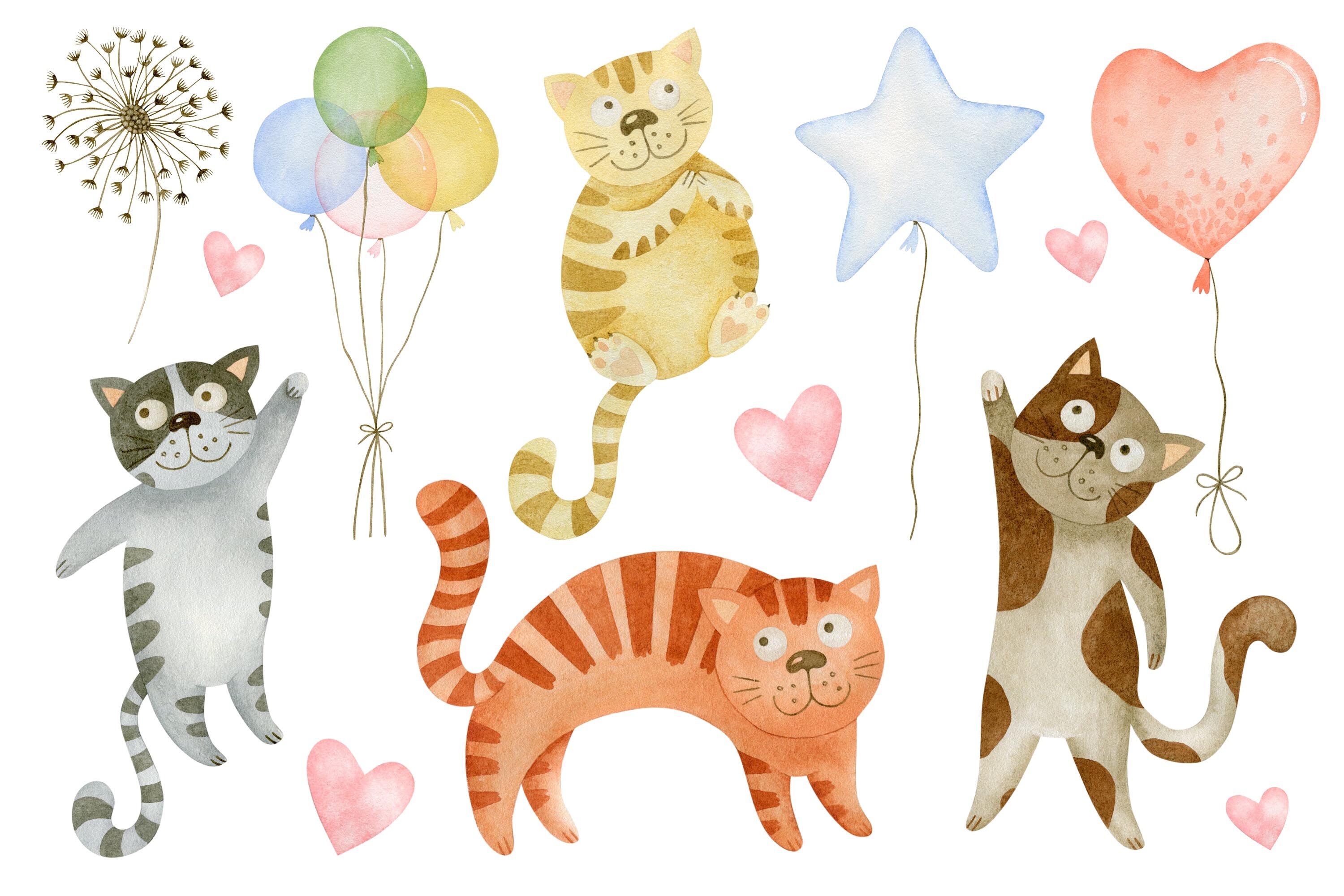 Watercolor Cats Balloons Clipart Kids Party Kitty Baby Air - Etsy