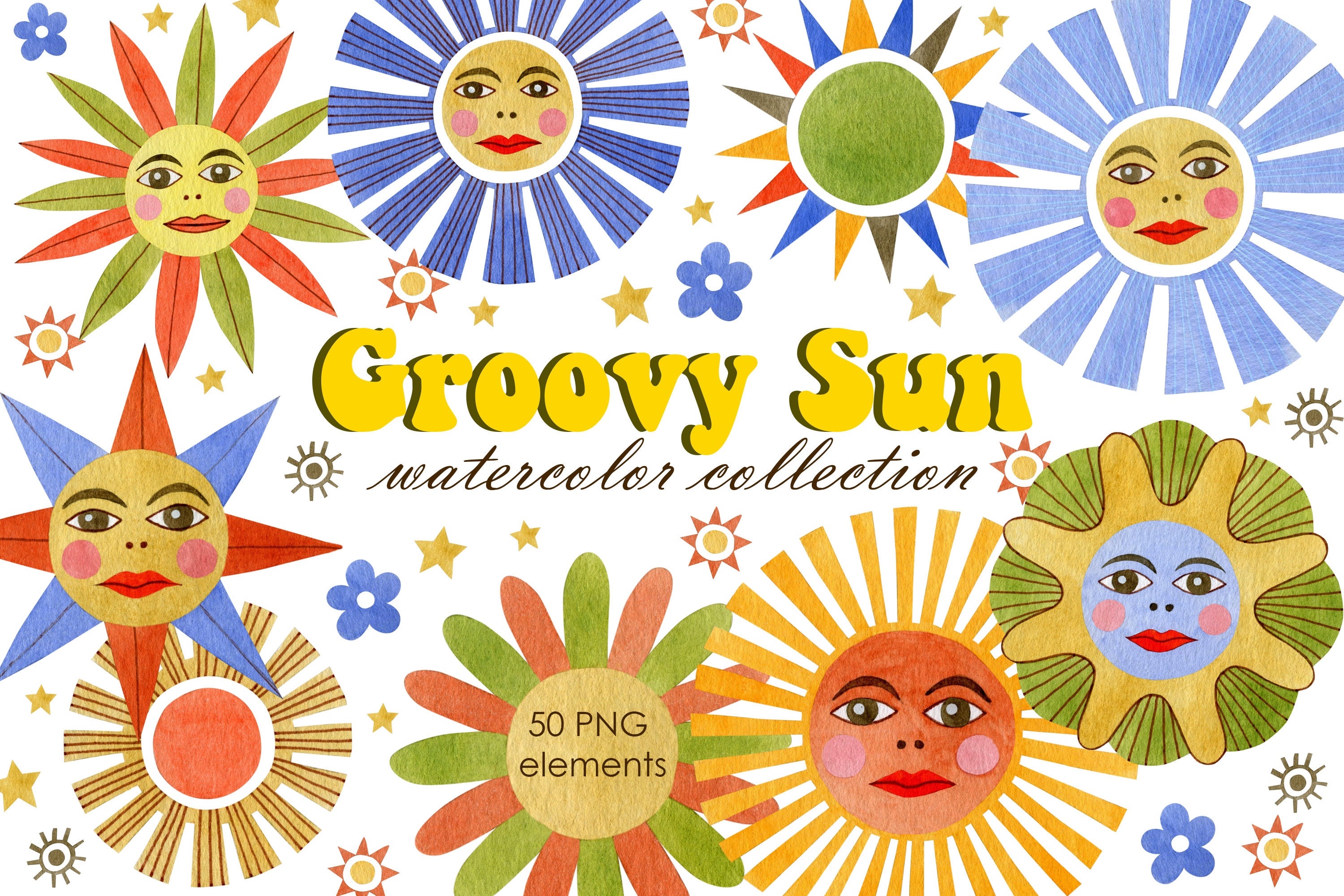 Watercolor Sun Clipart, Hand Painted Digital Sun Clip Art, Yellow ...