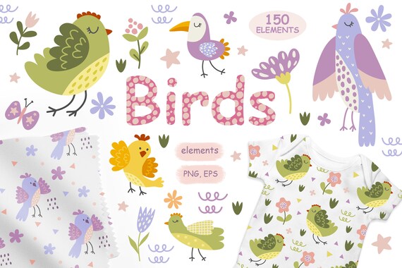 Cute Birds and Flowers Clipart Spring Clipart PNG Birds PNG - Etsy