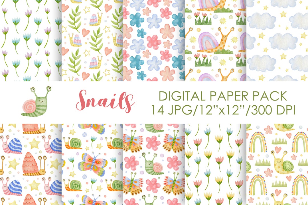 Watercolor Snail Digital Paper Pack, Scrapbook Paper, Seamless Patterns ...