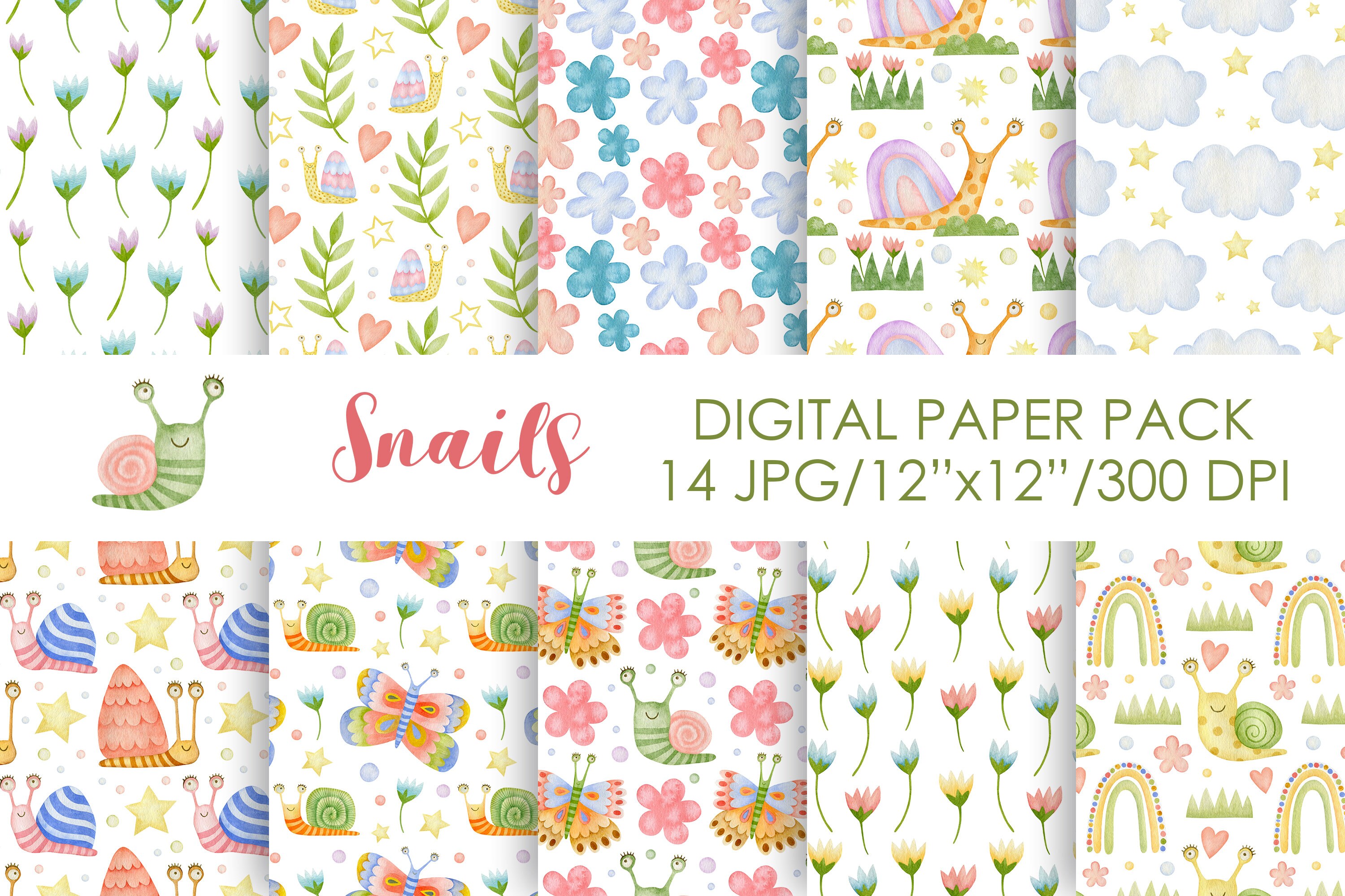 Watercolor Snail Digital Paper Pack, Scrapbook Paper, Seamless Patterns ...