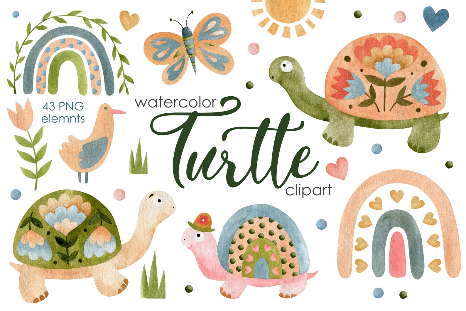 Cute Watercolor Turtle & Rainbow Clipart, Sea Clipart, Underwater ...