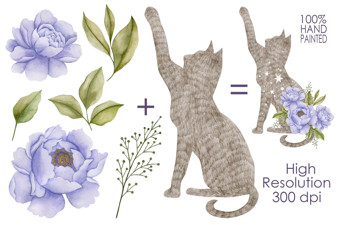 Watercolor Cats and Flowers Clipart Flower Clipart Cats | Etsy