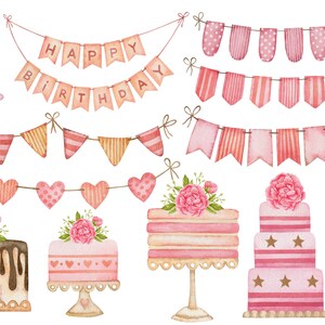 Watercolor Pink Birthday Clipart, Pink Cake, Birthday Party, Pink Girl ...