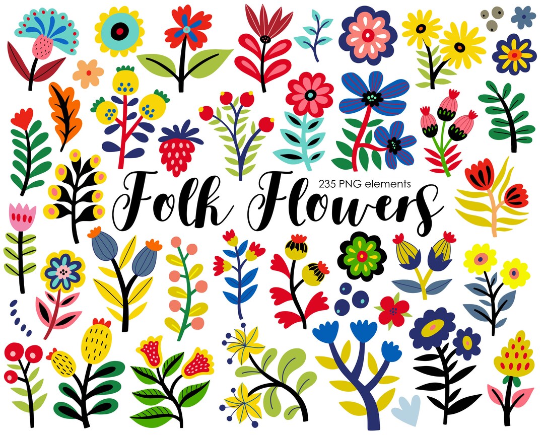 Folk Art Flowers Clipart, Folk Art Clipart, Scandinavian Flower ...
