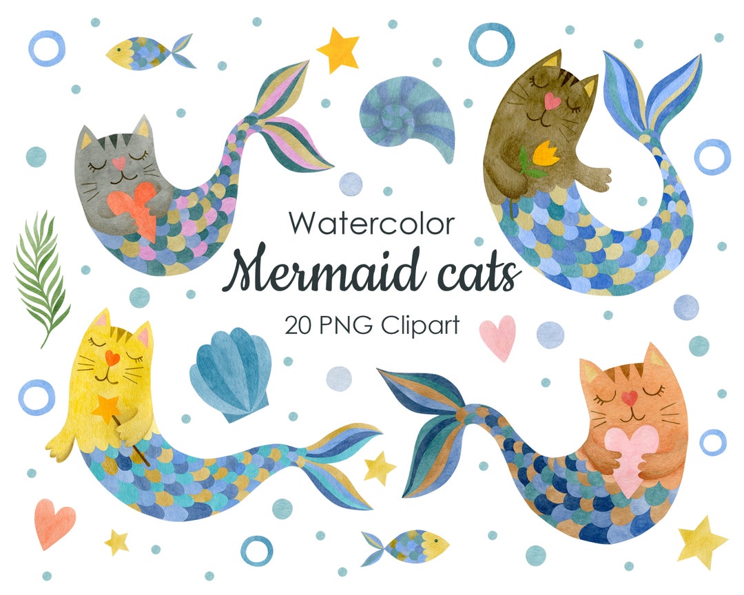 Watercolor Mermaid Cats Clipart: 20 PNG Digital Files - Etsy
